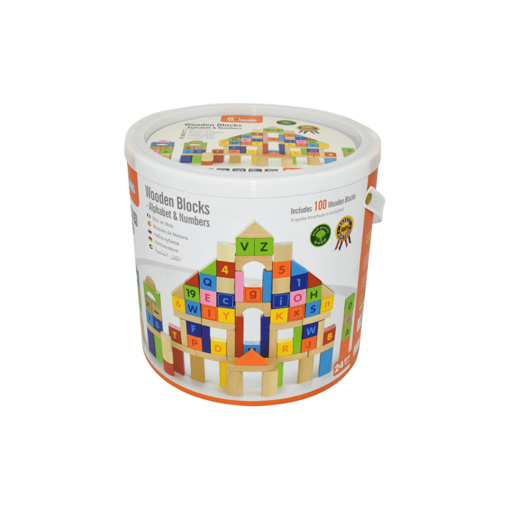 Alphabet & Number Blocks in Bucket - I Love Wooden Toys