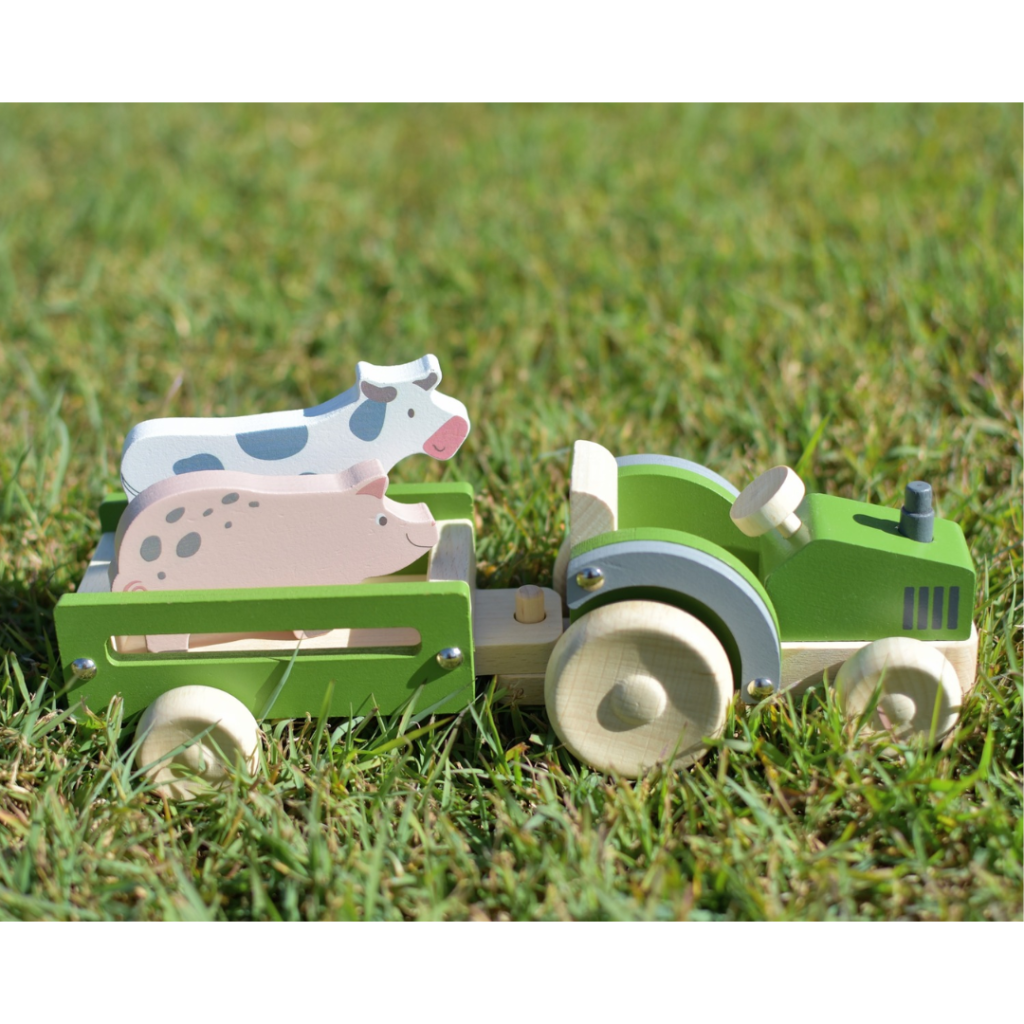 Green Wooden Tractor & Farm Animals - I Love Wooden Toys
