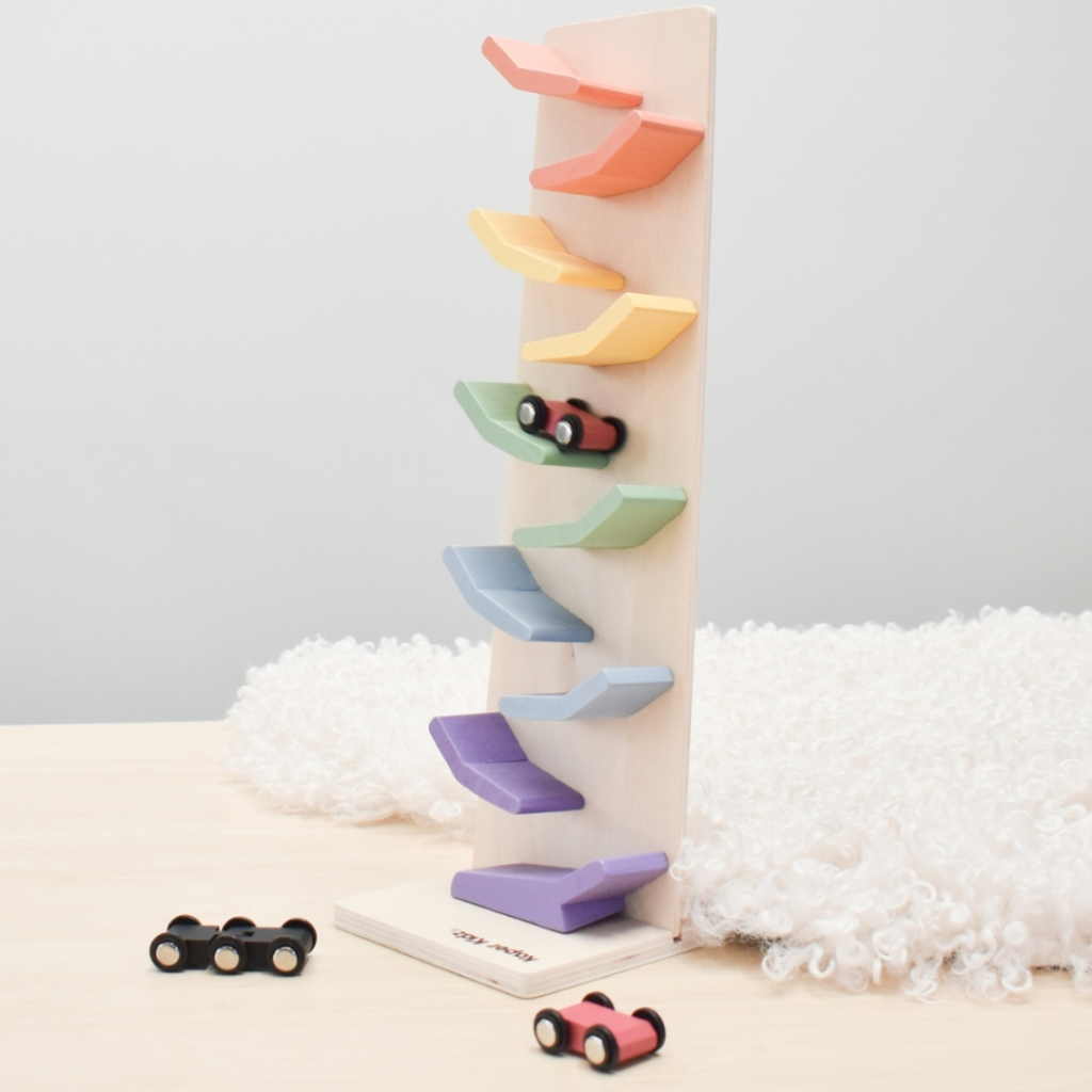 Pastel Rolling Car Tumble Tower - I Love Wooden Toys